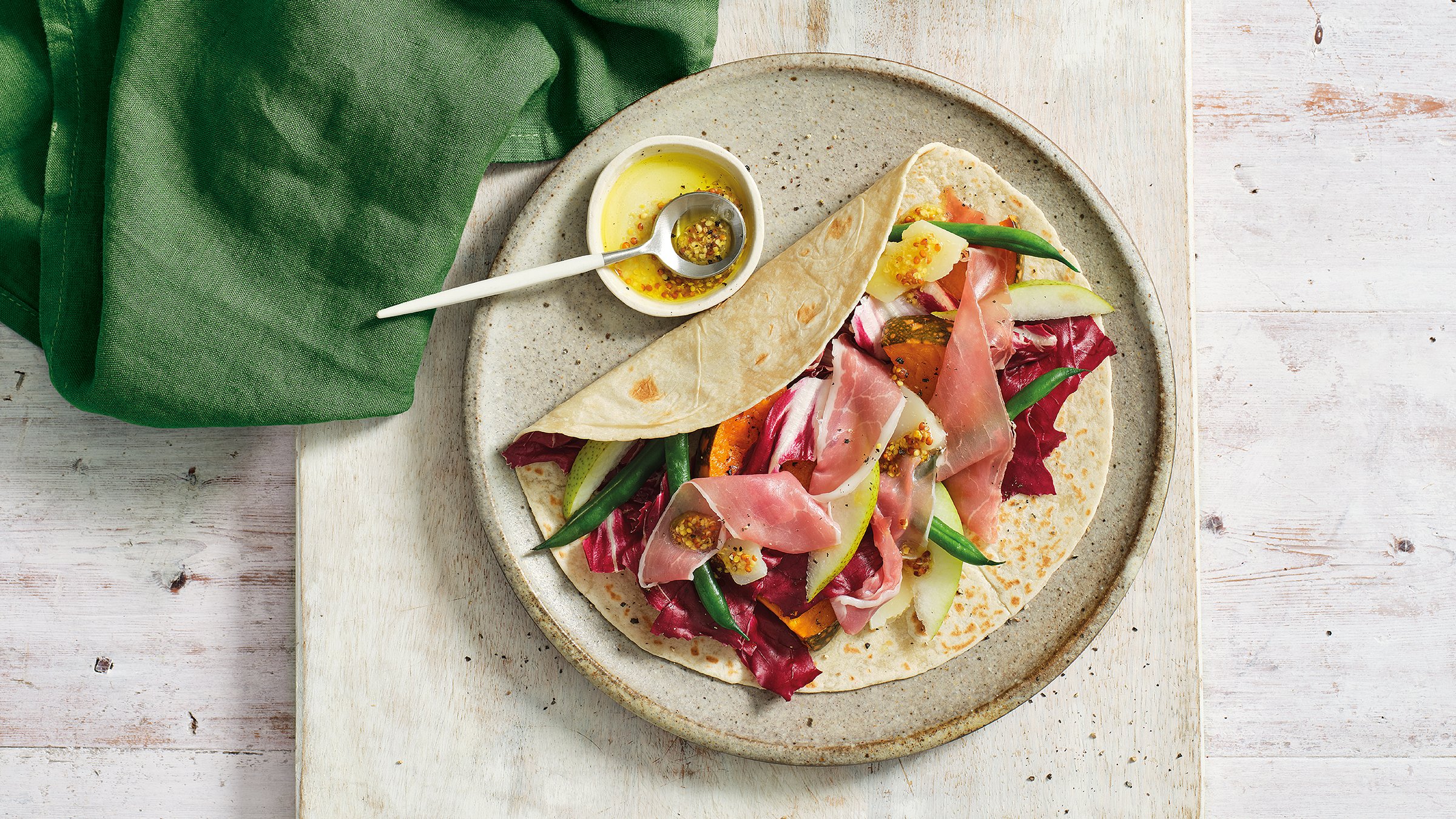 Prosciutto, Pumpkin and Green Pear Wrap | Helgas