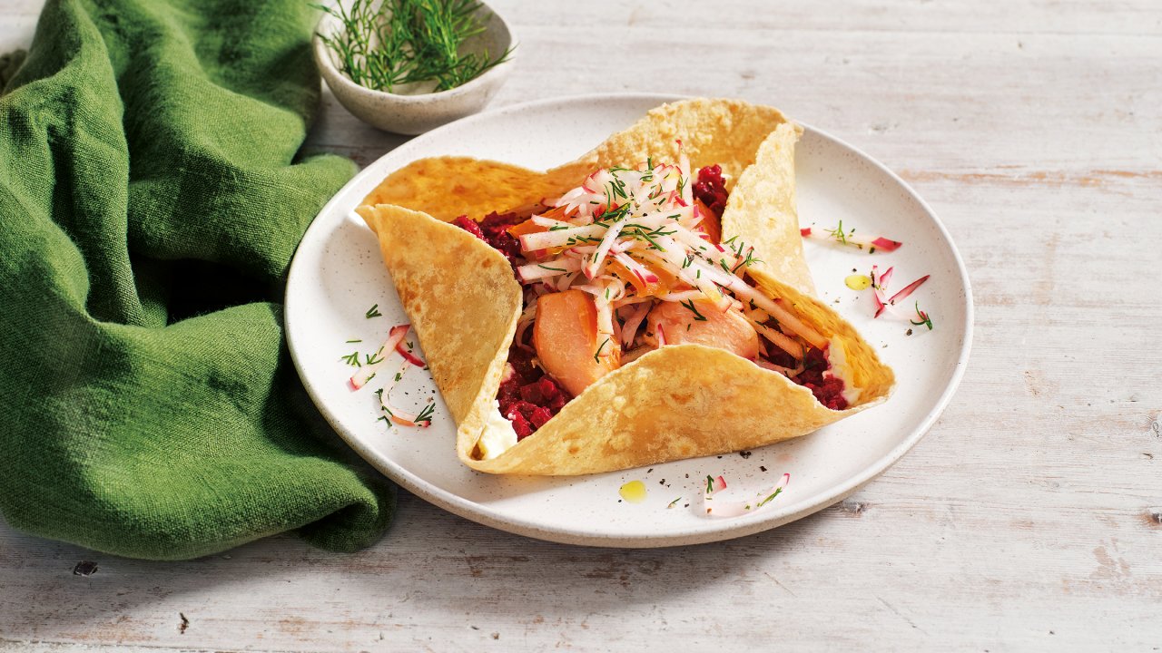 Labneh, Beetroot Relish & Hot Smoked Salmon Galette | Helgas